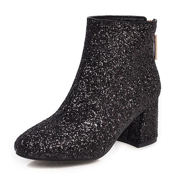 商品名:  Square Toe Sparkly Ankle Boots for Women Chunky Heels Sequin Glitter Booties Round-toe Mid Block Heel Wedding Brid...