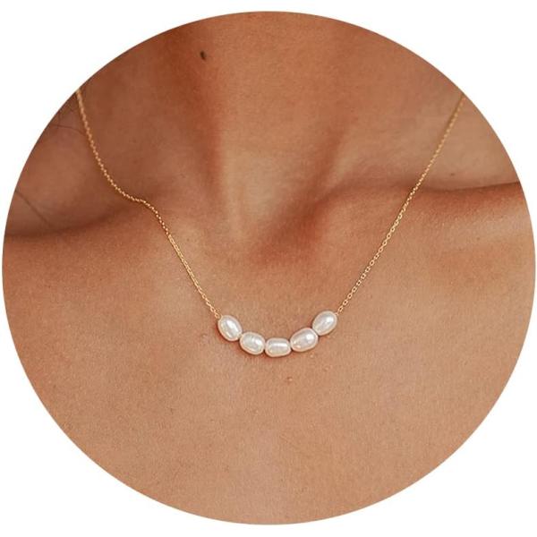 商品名上品なパールネックレス レディース 14K 純金メッキ ハンドメイド パールチェーン シンプル 繊細 かわいい ビーズ ゴールドネックレス レディース 夏 日常 ジュエリー ギフト, パール, 宝石なしDainty Pearl Nec...