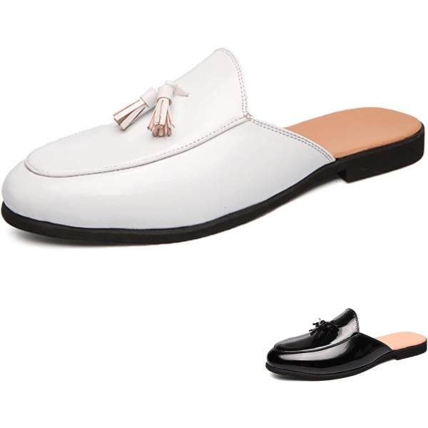 商品名Lymphvity Men's Tassel Leather Pointy Flat Mules,Formal Casual Open Back Half Slip On Loafers Breathable Mule Sandals...