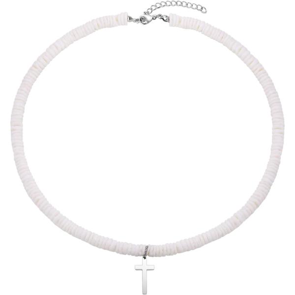 商品名MPRAINBOW ホワイトプカシェルネックレス   サマービーチサーファージュエリー ハンドメイド ハワイアン 滑らかな貝殻ネックレス ガールズ ボーイズ ビーズチョーカー クロスネックレスペンダント 延長チェーン付き レディース ...