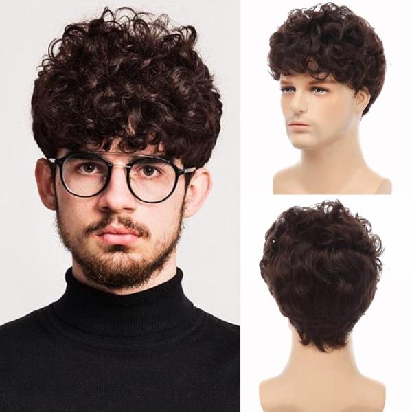 商品名:  Swiking Curly Brown Afro Wig Short Fluffy Synthetic Hair Party Cosplay 80s Costume Wigs for Male with Capブランド: Swi...