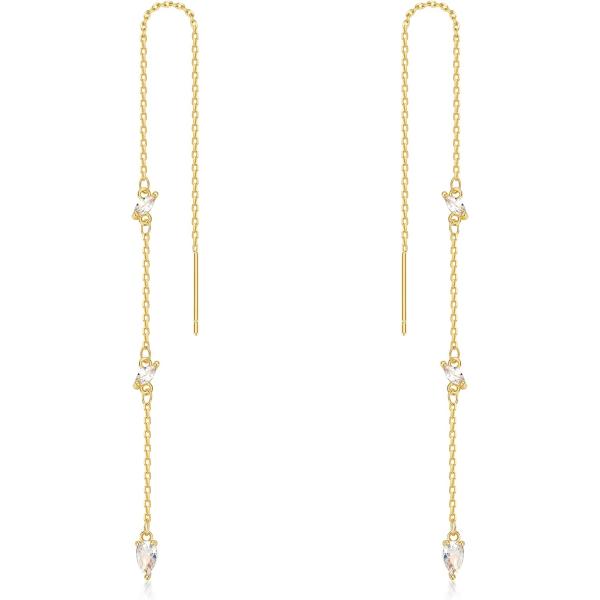 商品名Ervaniess Threader ダングルイヤリング ティアドロップ マーキス キュービックジルコニア ゴールド/シルバーメッキ ロングリンクチェーン ドロップイヤリング レディース ガールズ, スターリングシルバー, キュービッ...