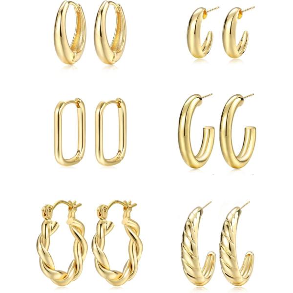 商品名Gold Hoop Earrings Set for Women, 14K Gold Plated Lightweight Hypoallergenic Chunky Open Hoops Set for Gift (Gold Sma...