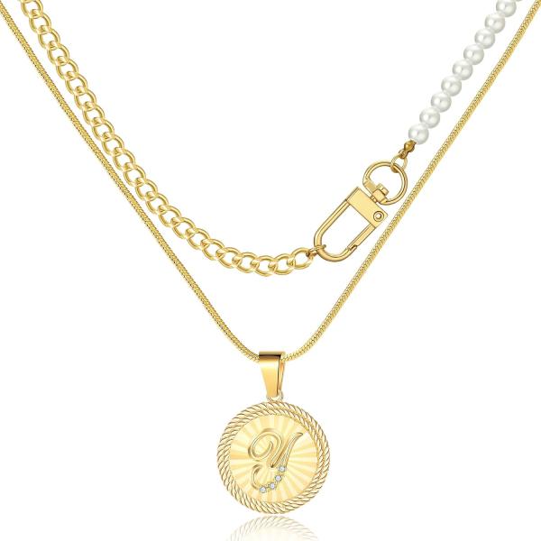 商品名Initial Necklaces for Women 14k Gold Plated Snake Chain Necklace Stainless Steel Herringbone Necklace Round Pearl Cha...