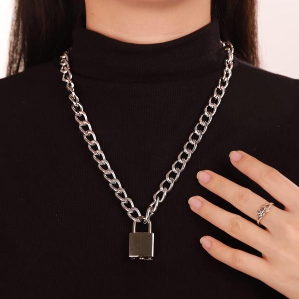 商品名Aimimier パンクキューバ南京錠シルバーチェーンネックレス 太いリンクチェーン チョーカー カラーロックチェーン キー付き ヒップホップジュエリー レディース ガールズ シルバーAimimier Punk Cuban Padlo...