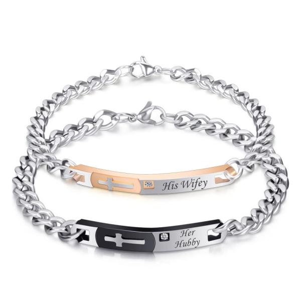 商品名:  SHNIAN His Wifey &amp; Her Hubby Cross Matching Bracelet - Stainless Steel with Cubic Zirconia Charm Adjustable Co...
