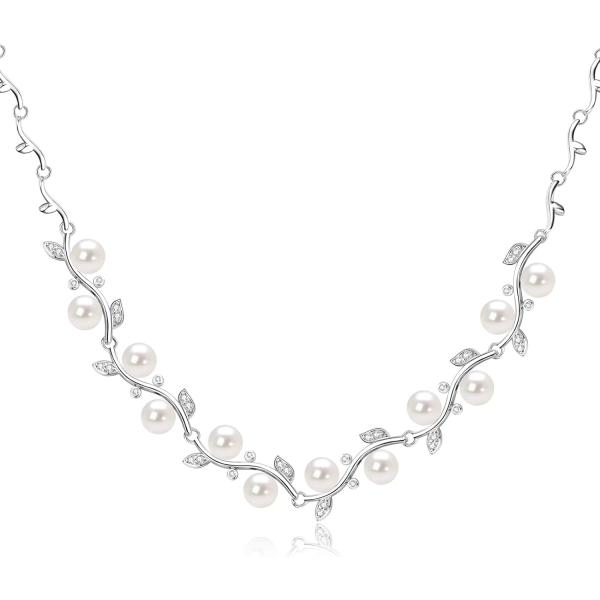 商品名ラグジュアリーパールウェディングネックレス キュービックジルコニアクリスタル付き 手作業で選別された淡水パール 花柄 つる フィリグリー チョーカーネックレス 花嫁やブライズメイドへのジュエリーギフト, スターリングシルバー, 真珠D...