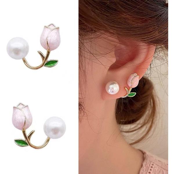 商品名YienDoo Boho Pearl Ear Cuff Wrap Earring Pink Tulip Flower Ear Jacket Earring Gold Flora Front Back Climbers Crawler ...