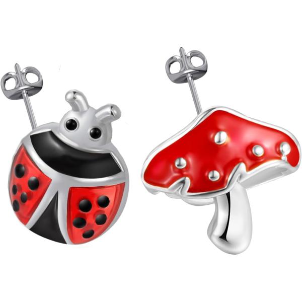 商品名かわいい奇跡のてんとう虫 エナメルマッシュルームスタッド 女性用 - 美学 アニマルイヤリング かわいいジュエリー ガールズ ゴールド/シルバーメッキ シングル 小さなてんとう虫とキノコ 非対称イヤリング 誕生日 クリスマス バレンタ...