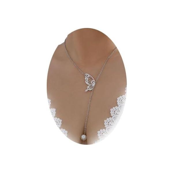 商品名バタフライパールネックレス レディース 上品な淡水パール ペダントネックレス 調節可能 Yネックレス ロングバタフライネックレス ファッションチェーン 女の子用, 金属, 合金。Butterfly Pearl Necklace for...
