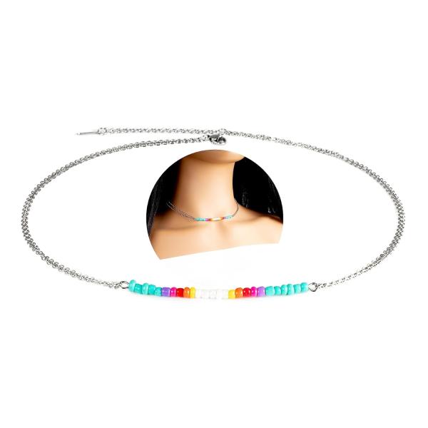 商品名Rainbow Choker Necklace, Stainless Steel Dainty Multi Colour Seed Beads Minimalist Bar Choker Necklace for Women and ...