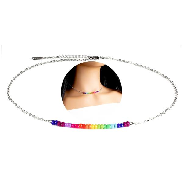 商品名Rainbow Choker Necklace, Stainless Steel Dainty Multi Colour Seed Beads Minimalist Bar Choker Necklace for Women and ...