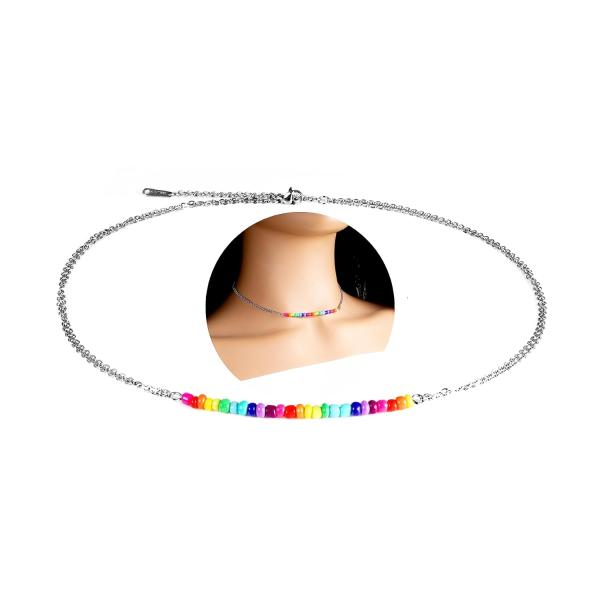 商品名Rainbow Choker Necklace, Stainless Steel Dainty Multi Colour Seed Beads Minimalist Bar Choker Necklace for Women and ...