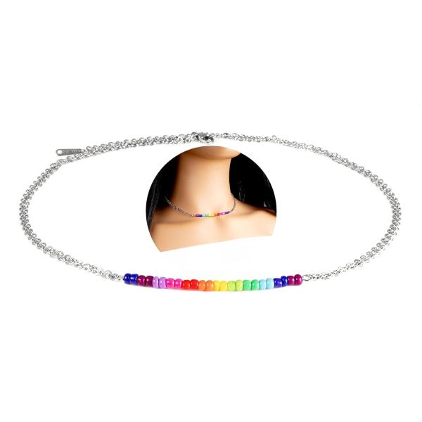商品名Rainbow Choker Necklace, Stainless Steel Dainty Multi Colour Seed Beads Minimalist Bar Choker Necklace for Women and ...