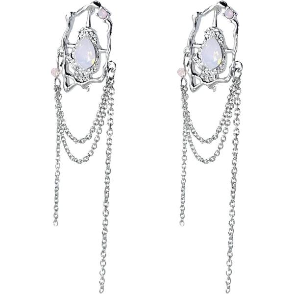 商品名Y2K ピアス ムーンストーンピアス ピンククリスタル 華奢な月 タッセルチェーン ダングルドロップイヤリング 925スターリングシルバー グランジ 美的, シルバー, ムーンストーン ピンク クォーツY2K Earrings Pin...