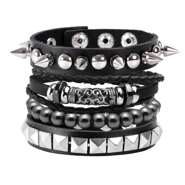 商品名: MILAKOO 4ピース パンク ゴシック 編み込みレザーブレスレット レディース メンズ ストーンビーズ付き ストレッチリストバンド 調節可能, フェイクレザー レザー, 宝石なし。 MILAKOO 4Pcs Goth Punk...
