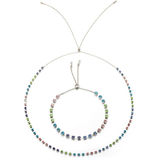 商品名Donabus マッシングジュエリーセット ネックレスとブレスレットセット マルチカラージュエリー パステルカラー ラインストーンチェーン ネックレスとスタックブレスレット 真鍮 ガラスストーン, 真鍮, ガラスストーンDonabus...