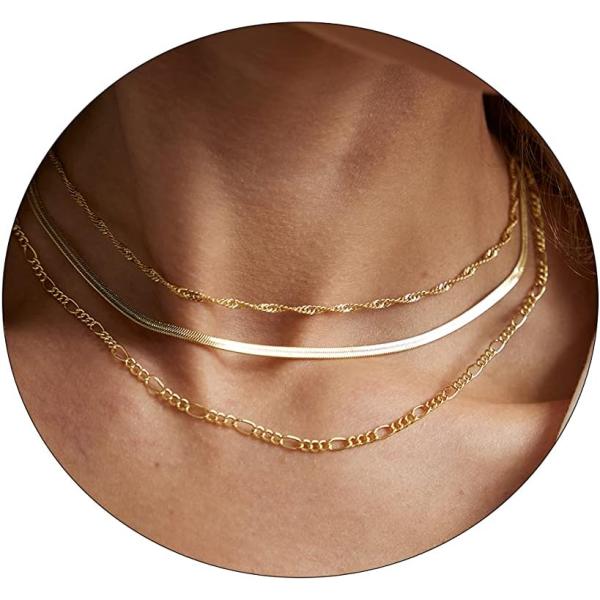 商品名Tasiso 14K Gold Filled Herringbone Choker Necklace Set Double Layer Snake Chain Figaro Link Necklace Layering Necklac...
