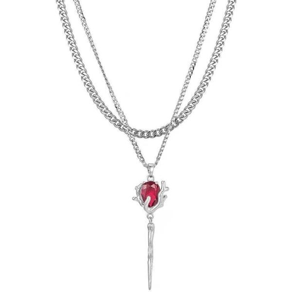 商品名GYRMMUE Red Zircon Scepter Necklace Double Layer Chain Scepter Pendant Necklace Trendy Hip Hop Style Snake Bone Chain...