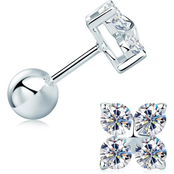商品名Four Leaf Clover Stud Earrings for Women Men, Moissanite Lab Created Diamond Earrings 18K White Gold Plated Silver Sc...