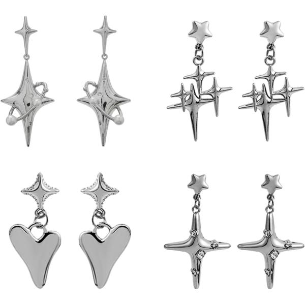 商品名シルバースターハートスタッドイヤリング 4組 レディース 高光沢仕上げ 低刺激性 スターイヤリングセット ジュエリーセット 女性と女の子へのギフト, 亜鉛, 宝石なし4 Pairs Silver Star Heart Stud Ear...