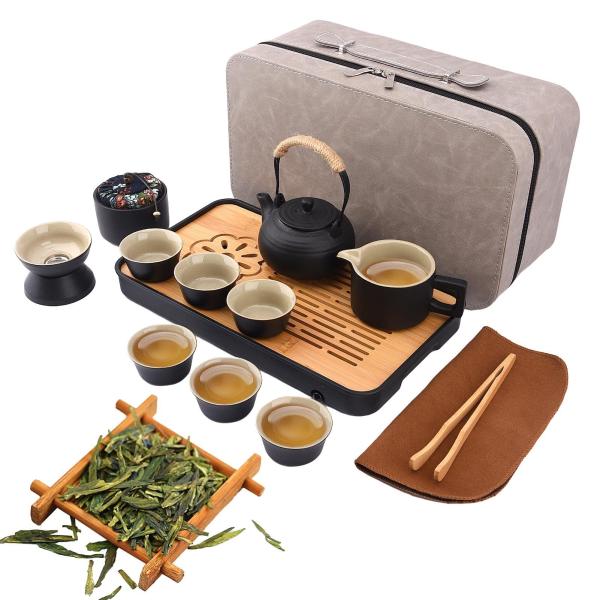 商品名:  Teapot Set 13PCS with Grey Leather Case Asian Tea Set Ceramic Portable Tea Set with Travel Portable Bag Chinese Te...