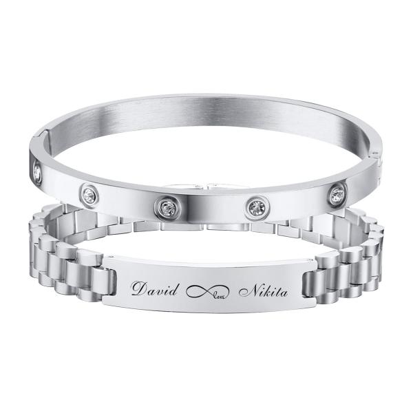 商品名:  Gamtic 2pcs Personalized Watch Band Bracelets Customize Silver Stainless Steel Cubic Zirconia Love ID Bangle, 10mm...