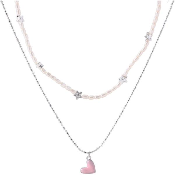 商品名シルバーレイヤーパールネックレス レディース ハートペンダントネックレス 2層ラブペンダント パールスターネックレス バレンタインデー 誕生日 クリスマスギフト, 金属, 宝石なしKasmena Silver Layer Pearl ...