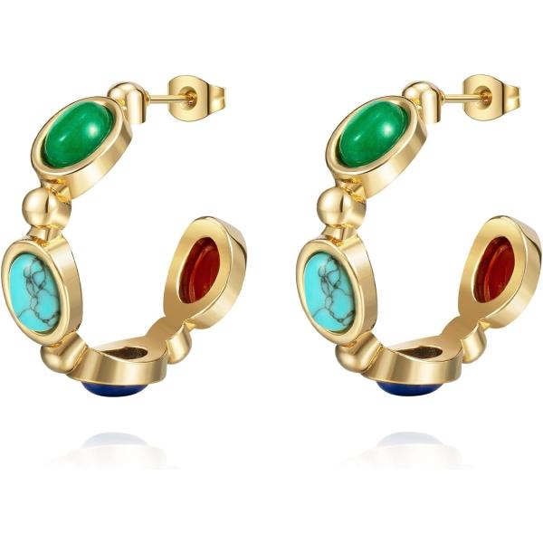 商品名ゴールドフープピアス ターコイズジュエリー レディース 軽量ステンレススチール ステートメントイヤリング マルチジェムストーン ガールズ ボーホー トレンディ 低刺激性, イエローゴールド, ラピスラズリ ターコイズ 瑪瑙Gold H...