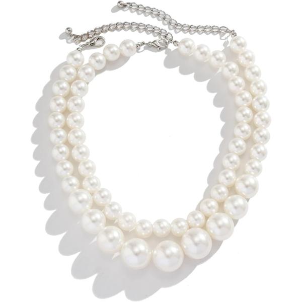 商品名Kasmena 2ピース レイヤードパールチョーカーネックレス レディース パールビーズネックレス ホワイトフェイクパールストランドネックレス 上品なジュエリーギフト 女性へのシンプルなブライズメイドジュエリーギフト, 金属, 宝石な...
