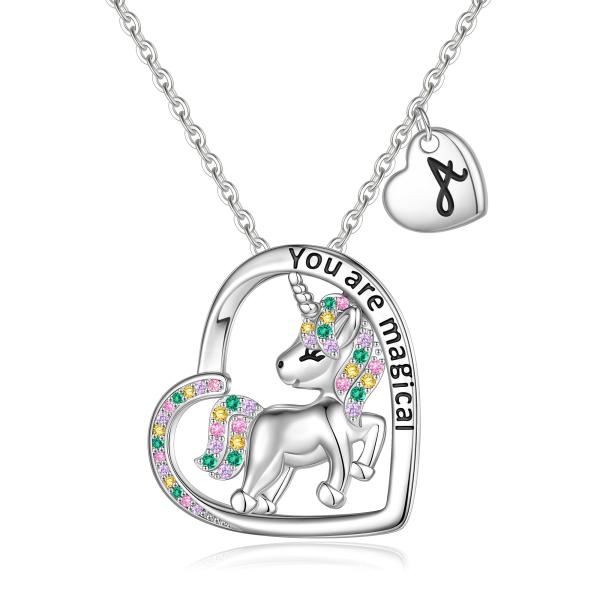 商品名:  Unicorns Gifts for Girls ,Silver Initial A Letter Pendant Unicorn Necklace Kids Jewelry for Girls Heart Pendant Un...