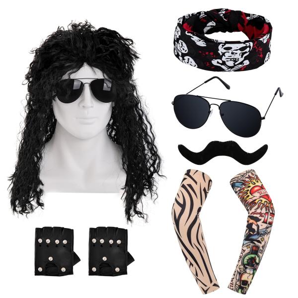 商品名: Hmxpls 80年代ヘアメタルロッカーコスチュームセット - グラムロックバンド ブラックカーリーウィッグ ペイズリープリント ストレッチファブリックヘッドバンド カラータトゥースリーブ バイカーグローブ フリーサイズ ブラック...