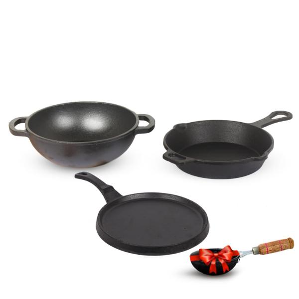 商品名:  The Indus Valley Cast Iron Kadai for Cooking &amp; Deep Frying with Flat Handle| Gas &amp; Induction Friendly|Pre-...