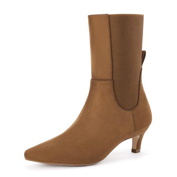 商品名:  Coutgo Womens Chelsea Boots Mid Calf Low Kitten Heel Suede Pointed Toe Stretch Fall Fashion Dressy Booties,Brown,S...