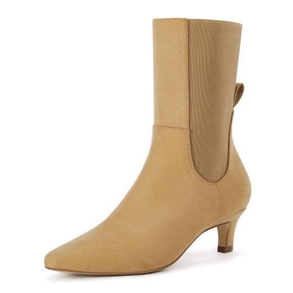 商品名:  Coutgo Womens Chelsea Boots Mid Calf Low Kitten Heel Suede Pointed Toe Stretch Fall Fashion Dressy Booties,Khaki,S...