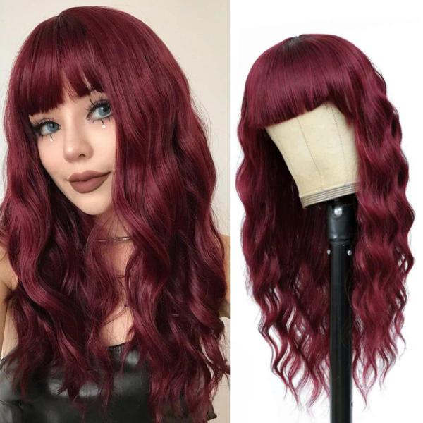 商品名:  Qingchuang Dark Red Wigs with Bangs, 20 inch Long Synthetic Wig, Bright Heat Resistant Wine Red Body Wave Wigs for...