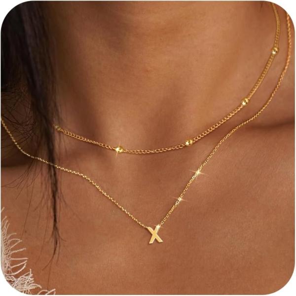商品名Poxtex レイヤード イニシャル チョーカーネックレス 女性用 14K ゴールド レター ペンダント レイヤリング ネックレス 26 大文字 A-Z レディース ガールズ ジュエリー ギフト, 金メッキ, 宝石なしPoxtex I...