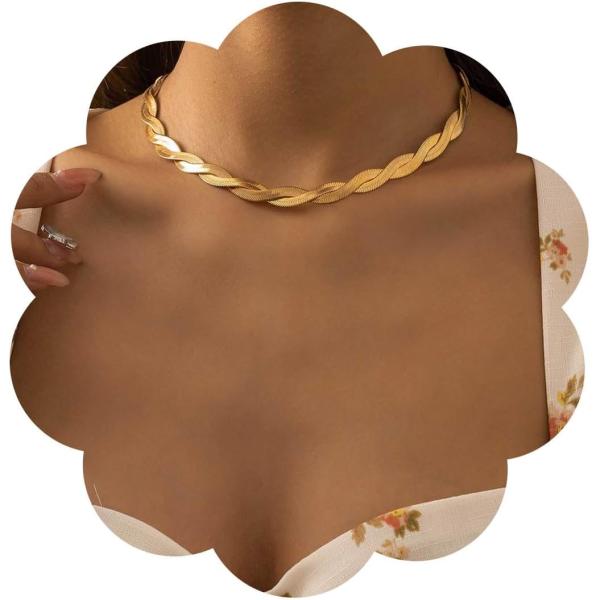 商品名Zeshimb ゴールド スネークチェーンネックレス ダブルレイヤー ツイスト ヘリンボーン チョーカーネックレス フラットヘリンボーンチェーンネックレス レイヤードノット スネークチェーンネックレス ネックレス ジュエリー レディー...