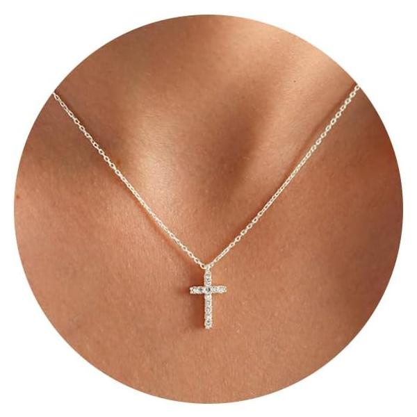 商品名HANLI クロスネックレス レディース 上品なゴールドネックレス 14Kゴールドメッキ かわいい小さなクロスペンダントネックレス シンプルなスライド 小さなクロスネックレス 女の子への日常のギフト, 真鍮, キュービックジルコニアH...