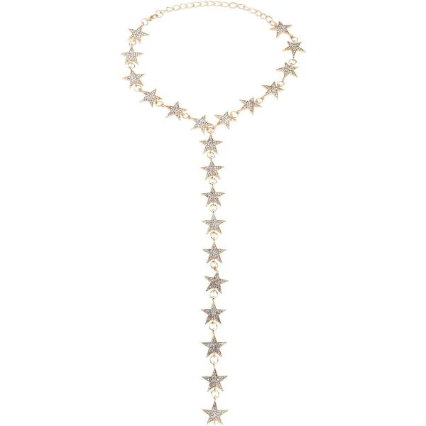 商品名ゴールドカラー ロング 五芒星 チョーカー ネックレス 2023 2024 クリスタル ラインストーン ネックレス レディース ファッション ボディジュエリー, ステンレス, ラインストーンGold Color Long Five P...
