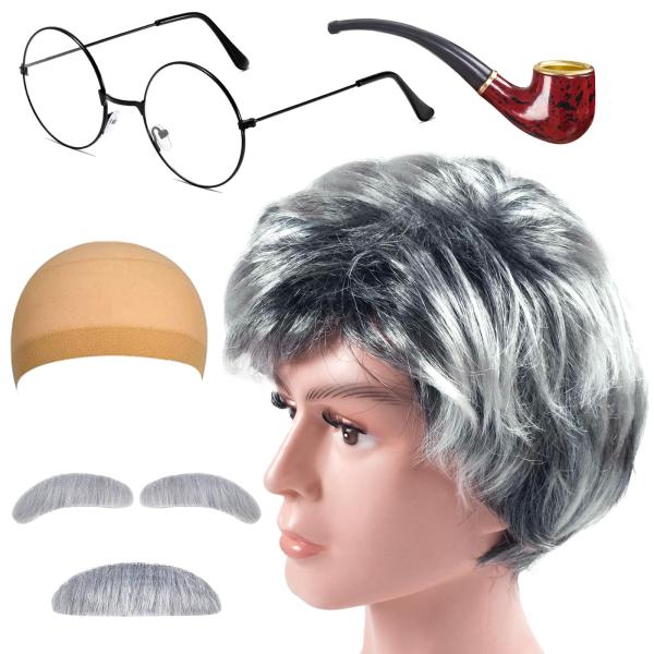 商品名:  Dkomekii White Old Man Wig with Mustache and Eyebrows Grandpa Costume Accessories for 100 Days of School Halloween...
