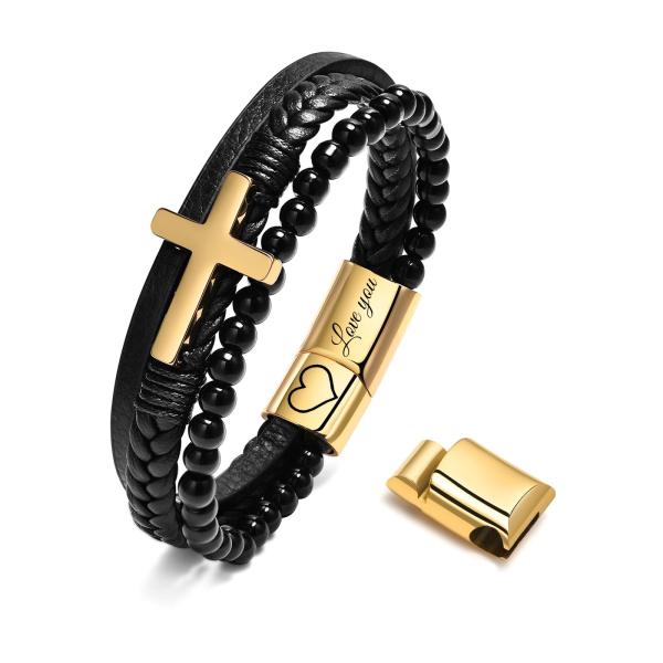 商品名: Gamtic クロスレザーブレスレット メンズ スタイリッシュ ブラック編みレザーロープ リストバンド ジュエリー インスピレーションを与えるステンレススチールクラスプ カスタマイズ可, レザー, 宝石なし。 Gamtic Cus...