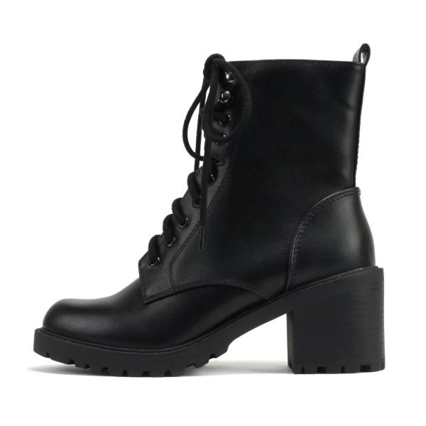 商品名:  Soda “VELOUR” ~ Women Round Toe Lace-Up Lug Sole Medium Stack Heel Mid Shaft Combat Boot with Side Zipper (BLACK P...