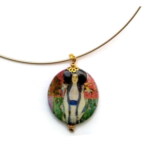 商品名Art Nouveau Woman portrait by Gustav Klimt, Choker Necklace Round pendant, Adele Bloch-Bauer Painting Reproduction (g...