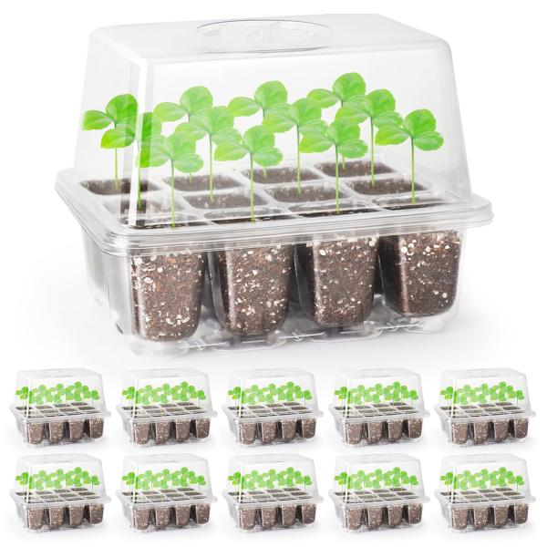 商品名:  Bonviee 10 Packs Seed Starter Tray with Elevated Lid, 120 Cells Thicken Seed Starting Trays Kit with Adjustable Hu...