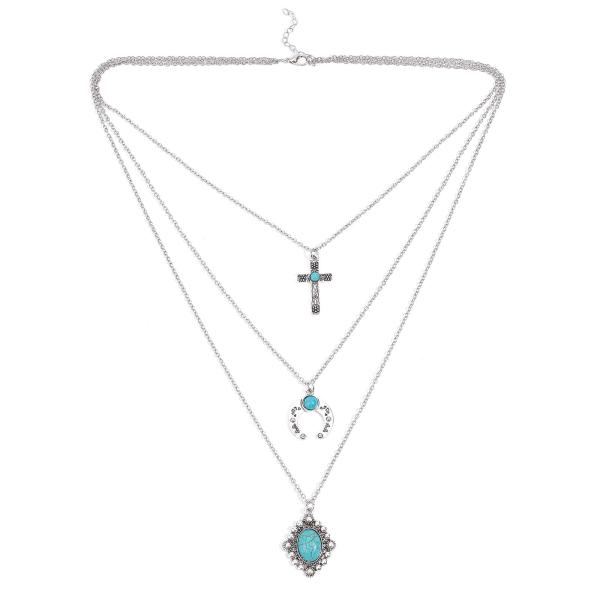 商品名:  NICENEEDED Western Multi Layered Necklace for Women, Silver Turquoise Stone Cross Cowgirl Cowboy Boho Jewelry Set,...