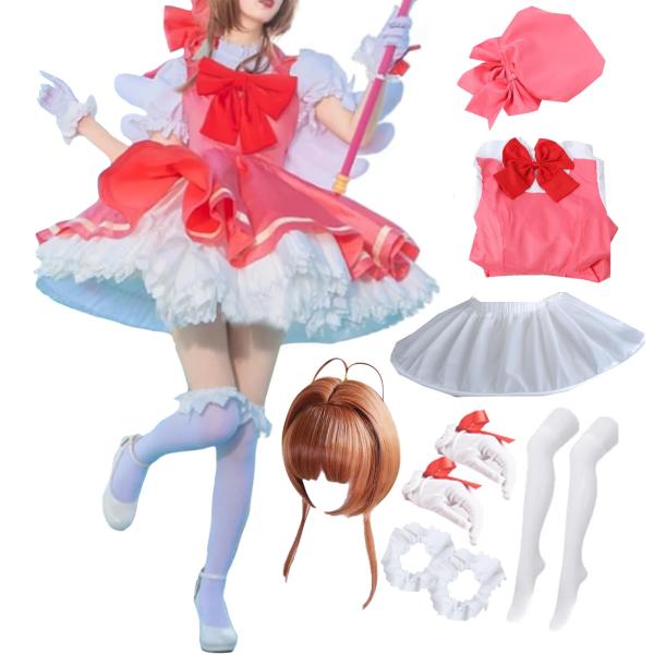 商品名:  Card Captor Sakura Dress Card Captor Cosplay Women Pink Dress Battle Outfit Halloween Cosplay Costume (Pink(wig), ...