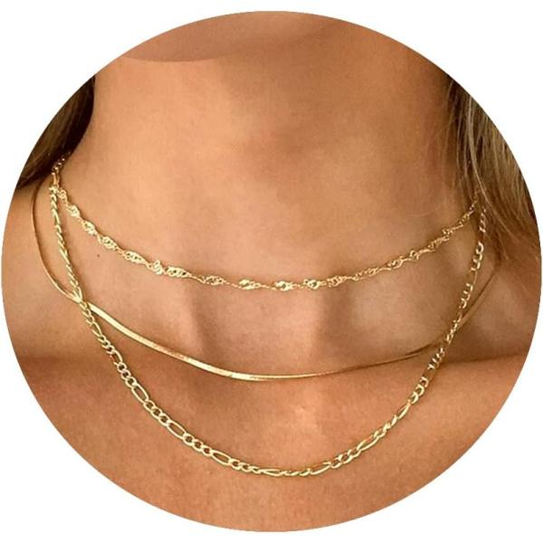 商品名KDIZI Layered Necklaces for Women, Dainty 14k Gold Plated Simple Double Necklace Layering Herringbone Figaro Chains N...