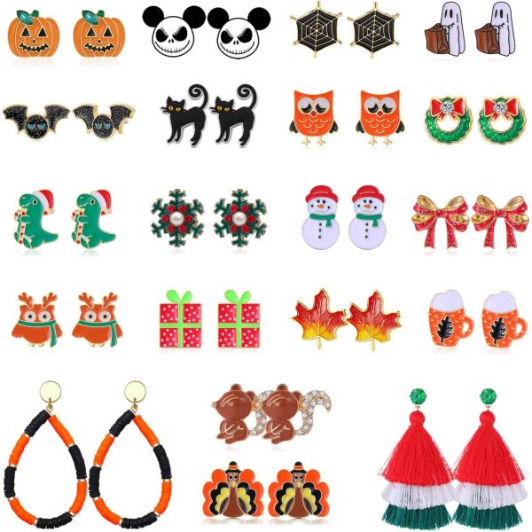 商品名20組 低刺激性 ハロウィンイヤリング レディース ガールズ パンプキン クモ コウモリ 黒猫 スカル ゴースト かわいいスタッドピアスセット クリスマスツリーリボン スノーフレーク 雪だるま 七面鳥 メープルリーフ 感謝祭 秋 ドロ...