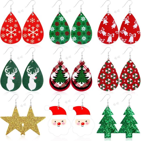 商品名フェイクレザーピアス レディース 軽量 リーフ ロング ダングル イヤリング (クリスマス) 9組Christmas Earrings for Women, AUGSUN 9 Pairs Christmas Faux Leather ...